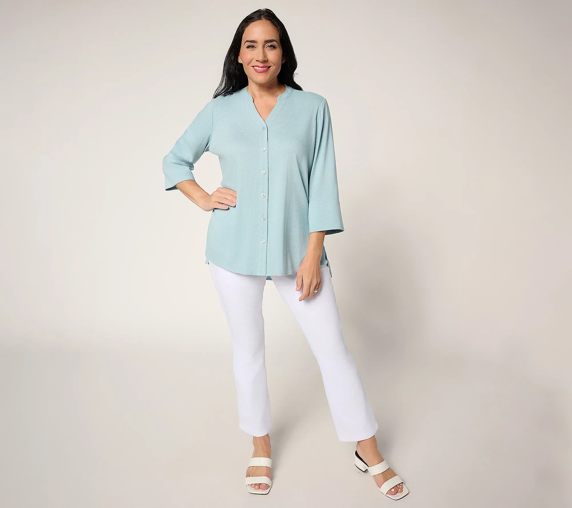 Attitudes by Renee Stretch Woven Button Front Tunic – Renee Greenstein